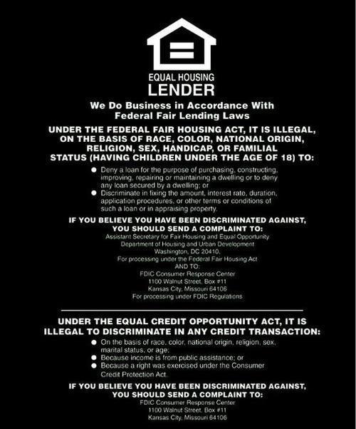 Equal Housing Lender Mandatory Sign (Fdic Banks) - Updated. - U.S. Bank ...